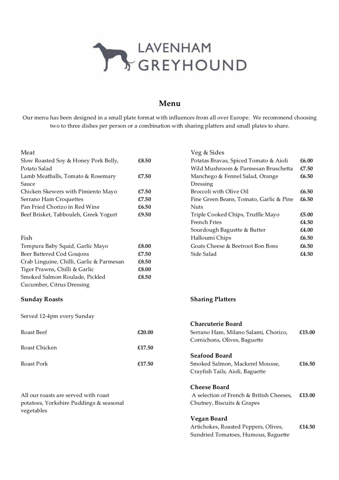 Sunday Menu – The Greyhound Lavenham