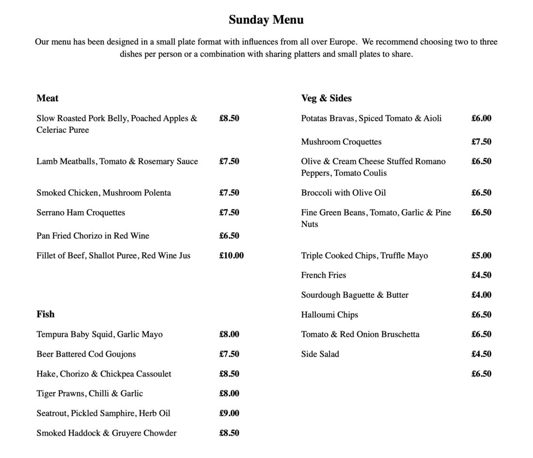 Sunday Menu – The Greyhound Lavenham