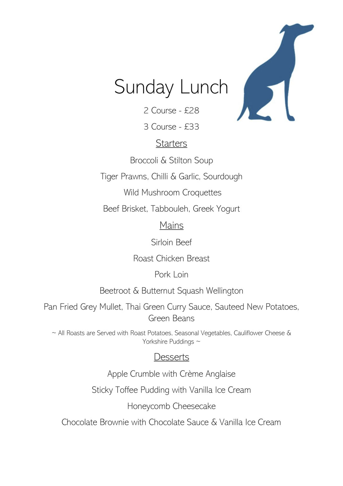 Sunday Menu – The Greyhound Lavenham
